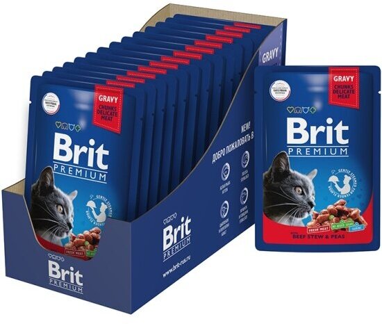 Корм для взрослых кошек Brit Premium Говядина и Горошек в соусе 14шт.*85г