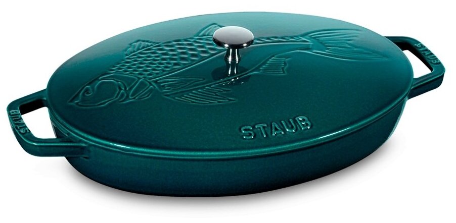 Сковорода чугунная овальная для рыбы, 32 см, с чугунной крышкой, морская, Staub, 11223337