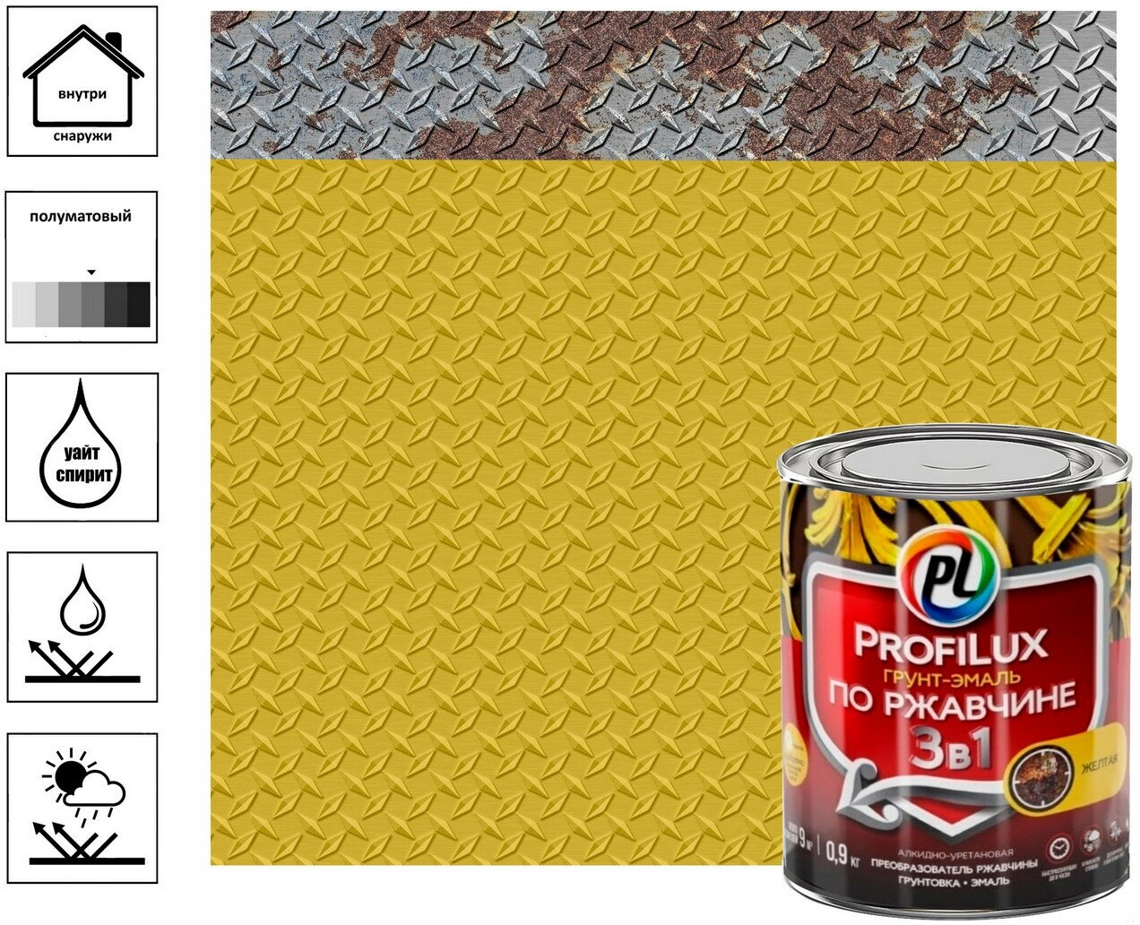 Грунт эмаль Profilux по ржавчине 3 в 1, жёлтая, 0,9 кг
