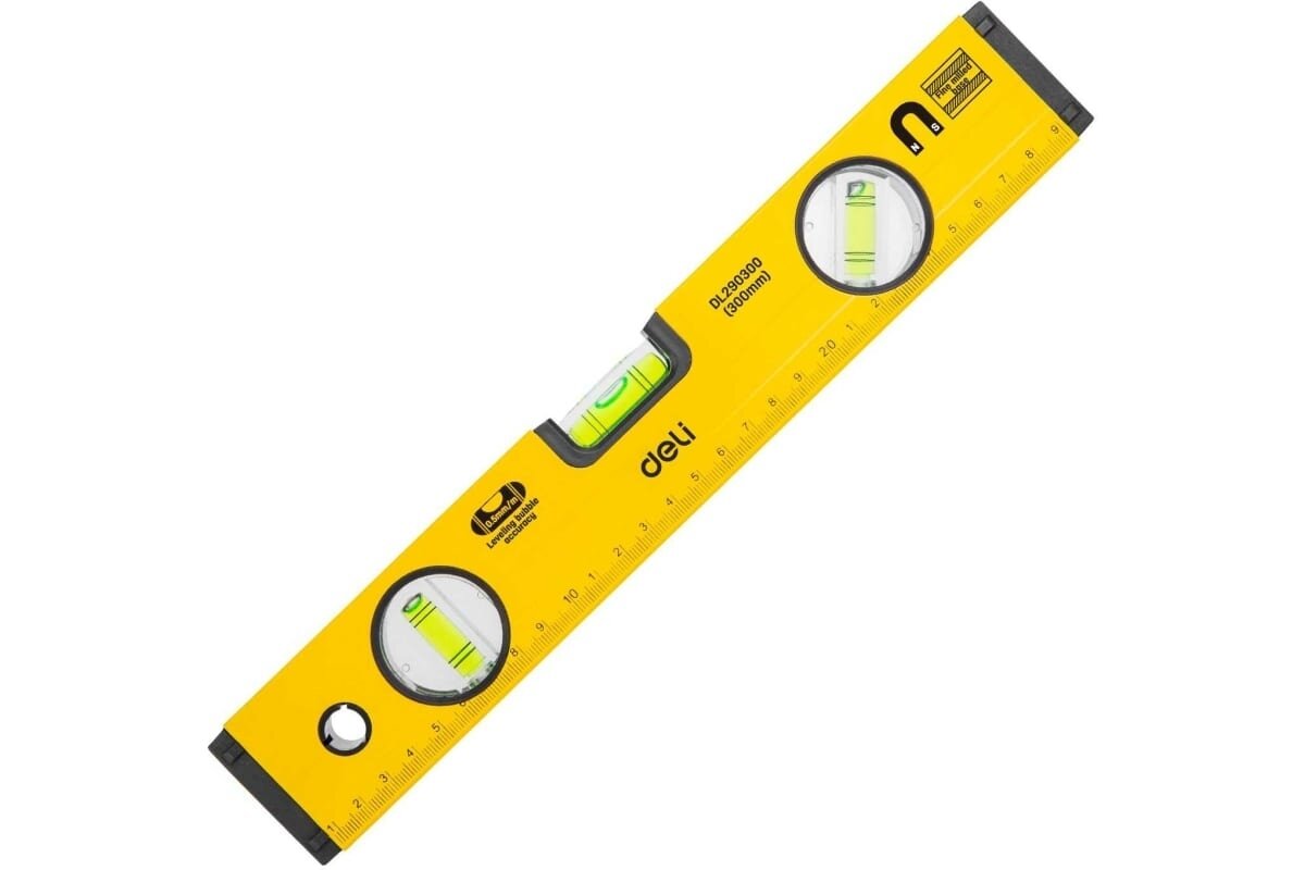 Строительный уровень Deli DL290300 300мм Алюминиевый сплав. Мягкая резина на обоих концах. Магнит для удобства эксплуатации. Измерение под углом 45°.