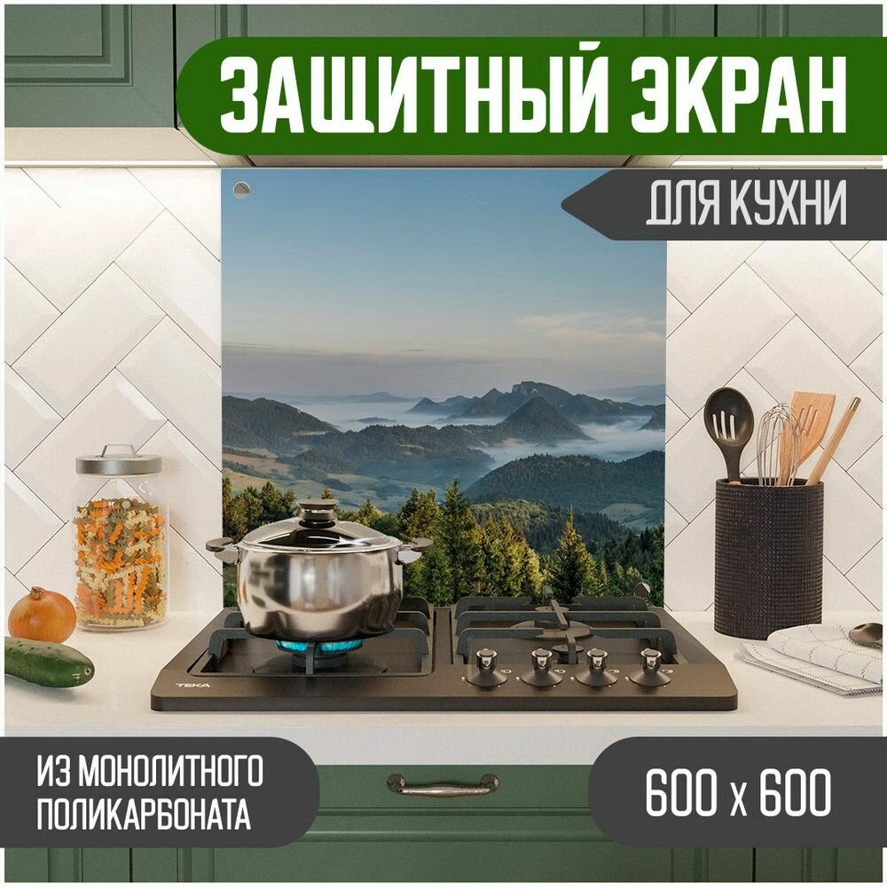 Фартук для кухни, Защитный экран из акрилового стекла (поликарбонат) на кухонный фартук в зону мойки и плиты с фотопечатью. Панель на стену с рисунком Пейзаж 600 х 600 х 3 мм, 600-007