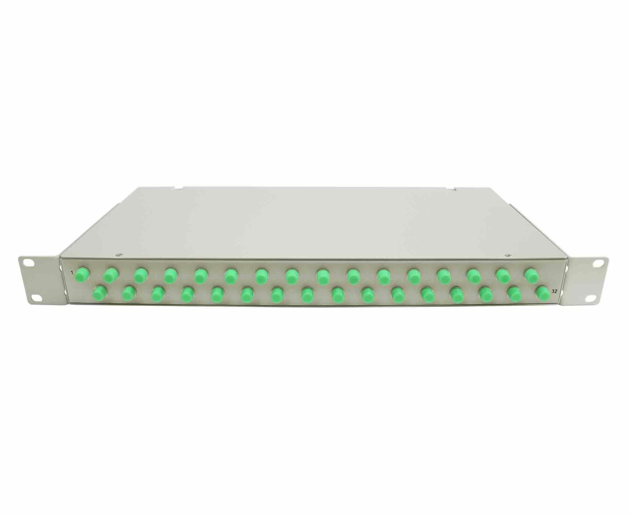 Кросс стоечный оптический VIMCOM 19' укомплектованный 1U, 32 порта FC/APC, 9/125 мкм (сплайс-кассета, пигтейлы, адаптеры, КДЗС), сплошная панель, серый.