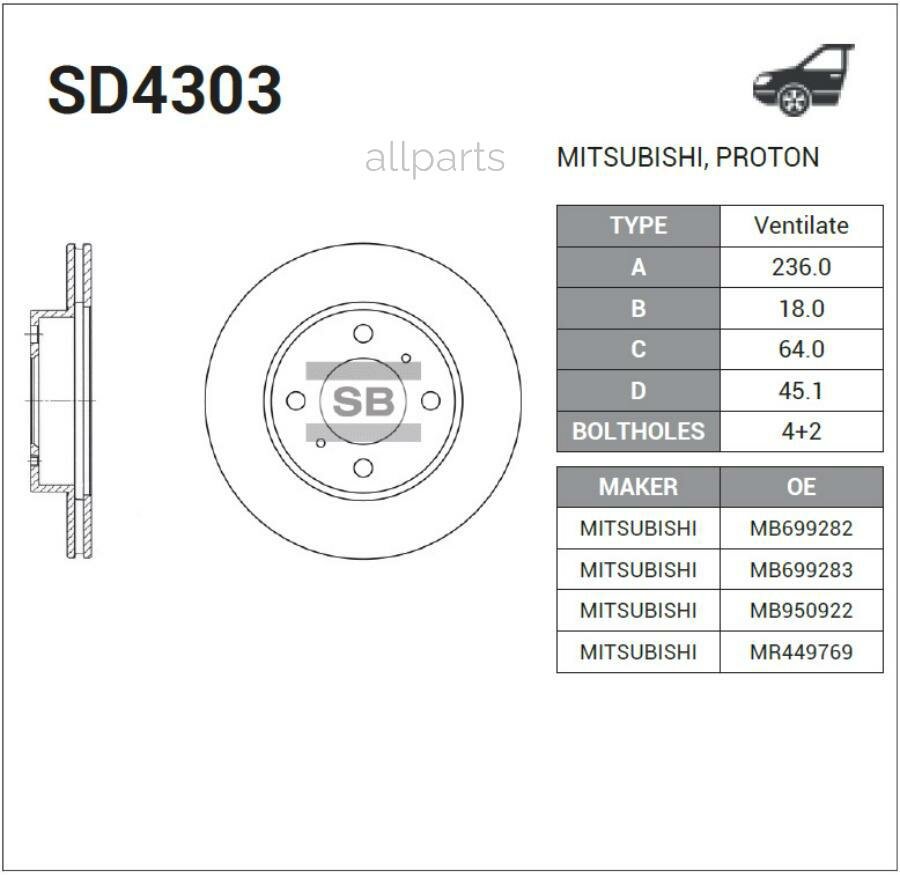 SANGSIN BRAKE SD4303 Диск тормозной передний MITSUBISHI LANCER 92-03