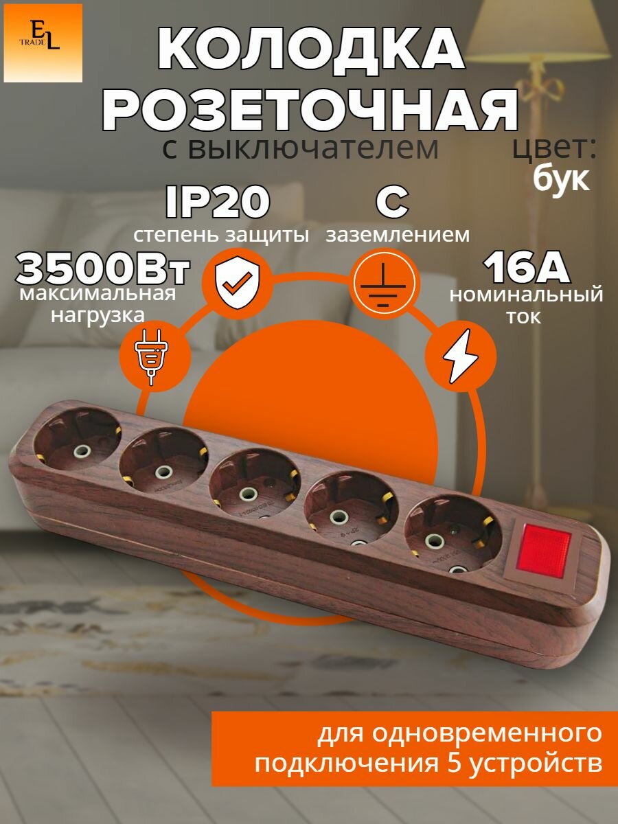 Колодка электрическая 5 гнезд розеточная (2П, с заземлением, с выключателем, 16А, 250В, бук, Эко, IP20)