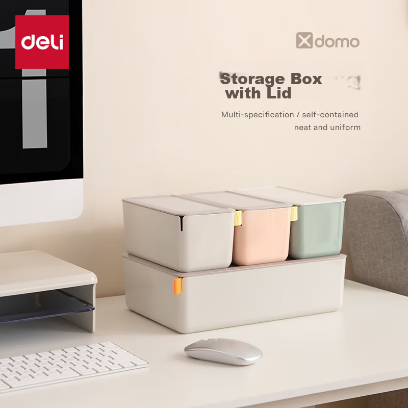 Deli Xdomo Series Storage Box with Lid, Office Desk Makeup Organizer with Silicone Clasp, Light Gray Small Size XDM10