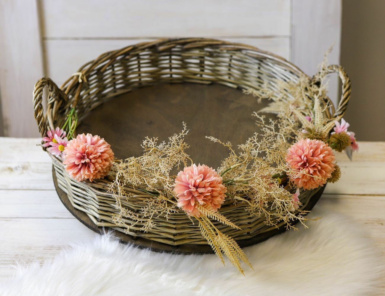 Декоративный поднос корзинка цветочницы, ивовая лоза, полиэстер, розовые цветы, 44 см, Kaemingk 802029-1