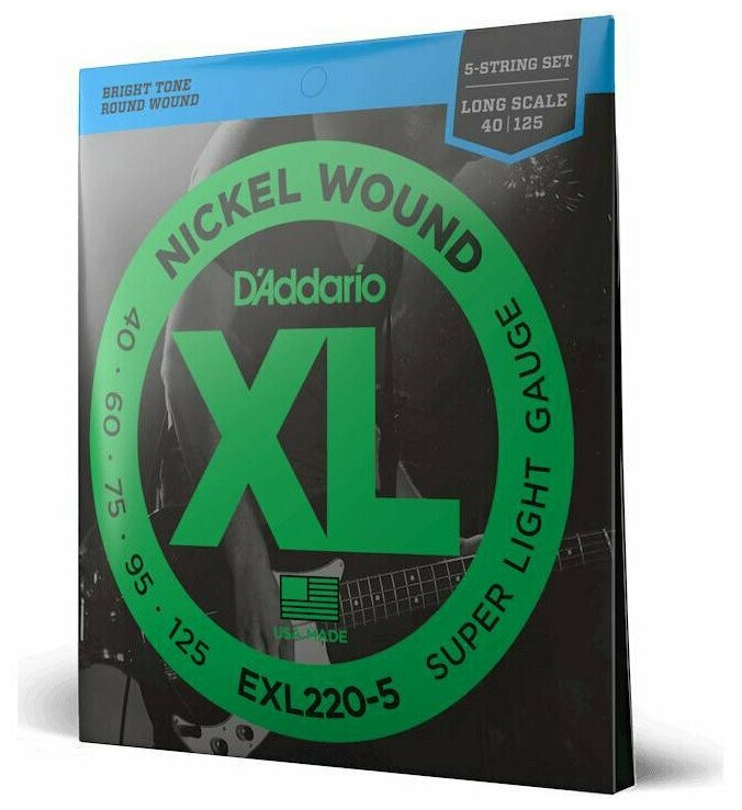 EXL220-5 Nickel Wound Комплект струн для 5-струнной бас-гитары, Super Light, 40-125, D'Addario