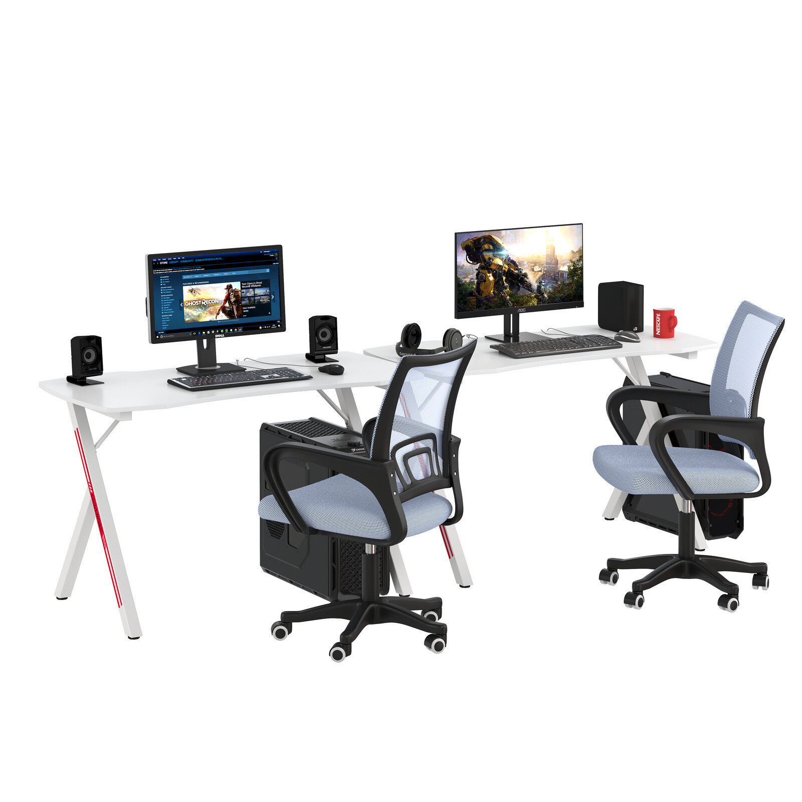 Два игровых стола белого цвета Мебель--24 GT-2310 и два кресла компьютерных 103 серого цвета