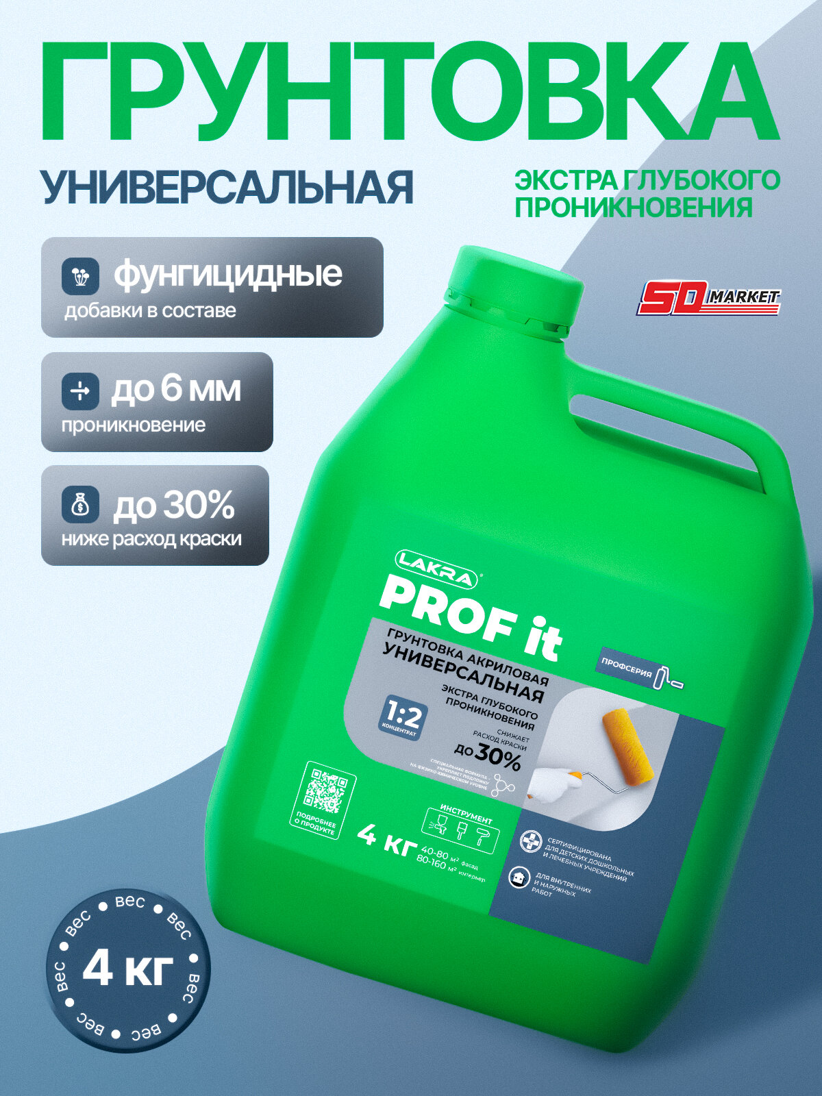 Грунтовка для стен под обои акриловая 4кг, грунт от плесени и грибка для бетона и штукатурки