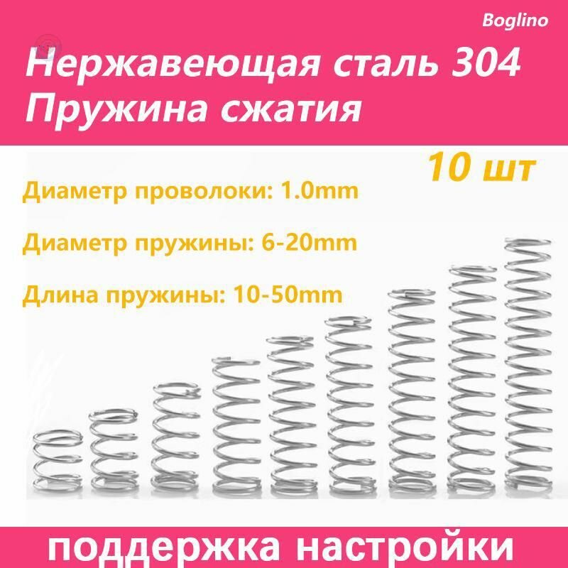 Пружина сжатия 1 10 25 мм из нержавеющей стали, комплект 10 шт для ремонта механизмов, автомобиля, станков