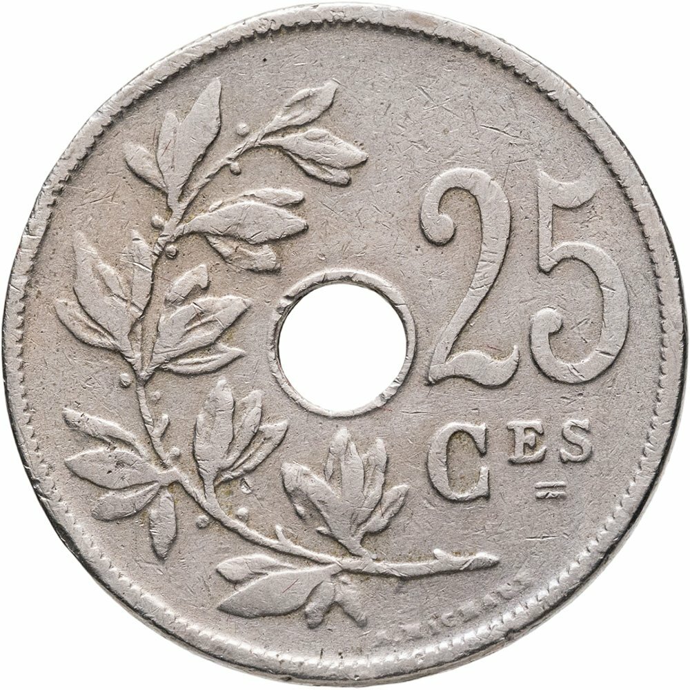 Бельгия 25 сантимов centimes 1909 Надпись на французском - 'BELGIQUE', Мельхиор медь-никель, в сохранности VF