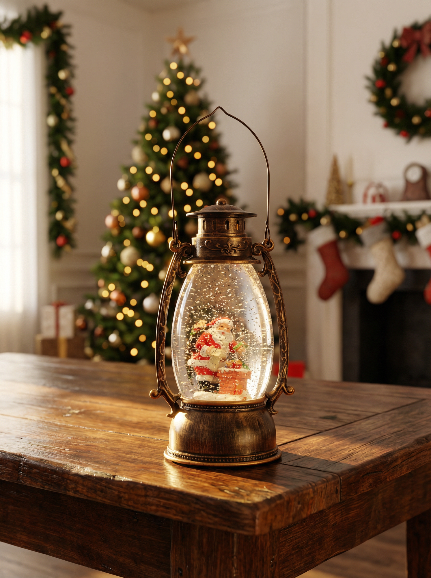 Новогодний фонарь-"Дед Мороз на крыше дома", музыка, подсветка, LED, USB, 3*АА, 24.5*14.5*11 см, цвет бронза