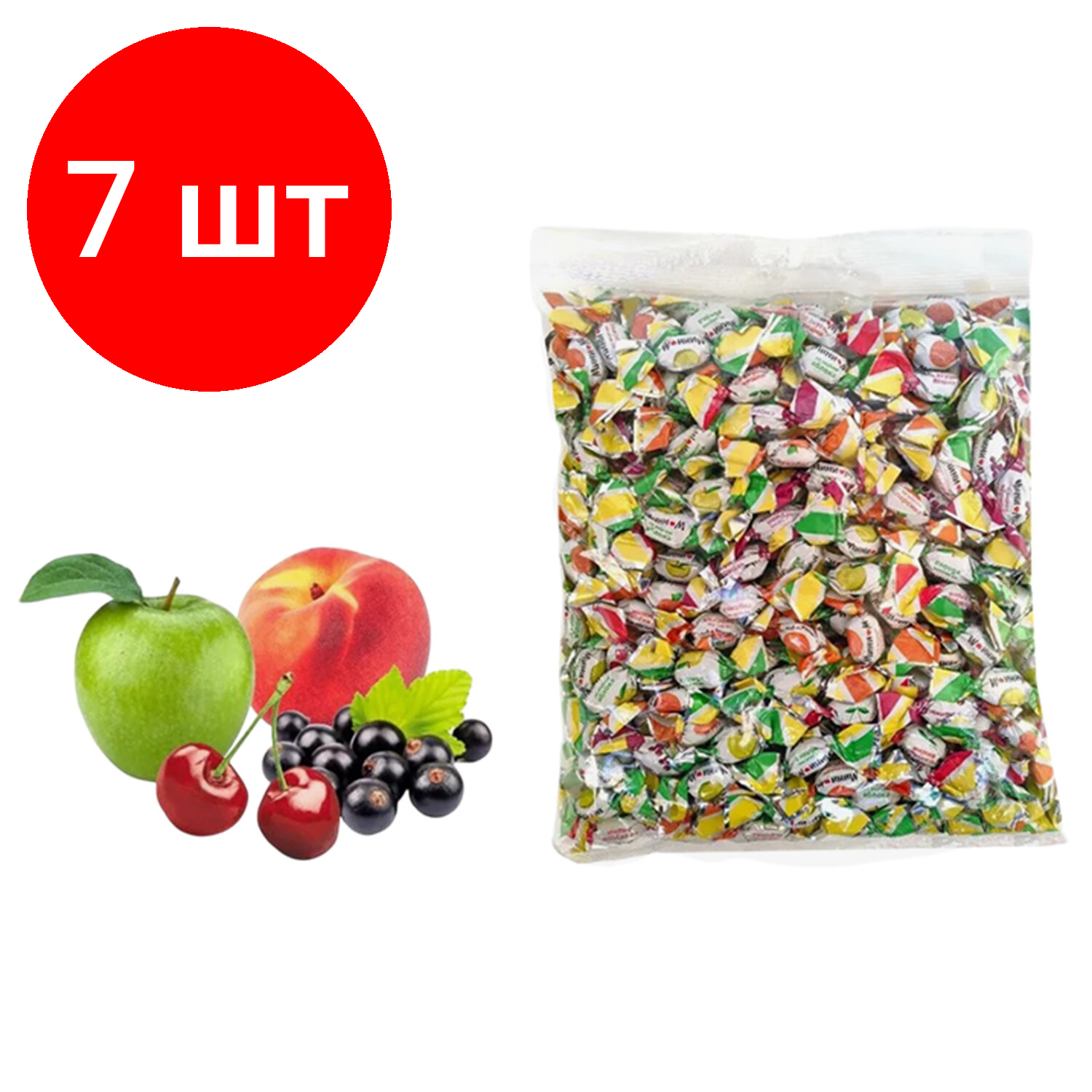 Комплект 7 шт, Карамель леденцовая мини-м Классика, ассорти (вишня, яблоко, чёрная смородина, персик), 1 кг