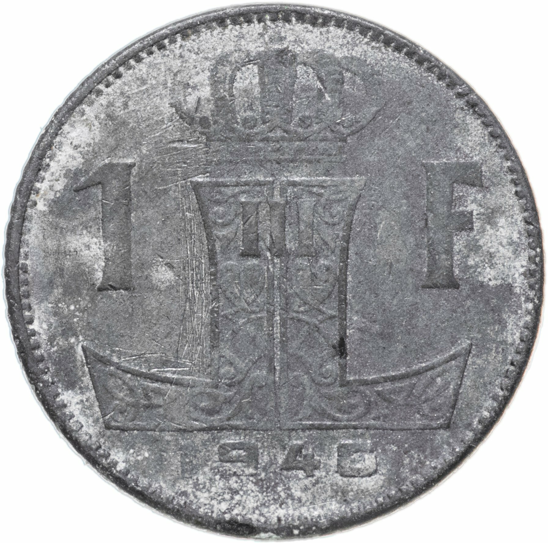 Бельгия 1 франк franc 1946 Надпись - 'BELGIE - BELGIQUE', Цинк, в сохранности VF-XF