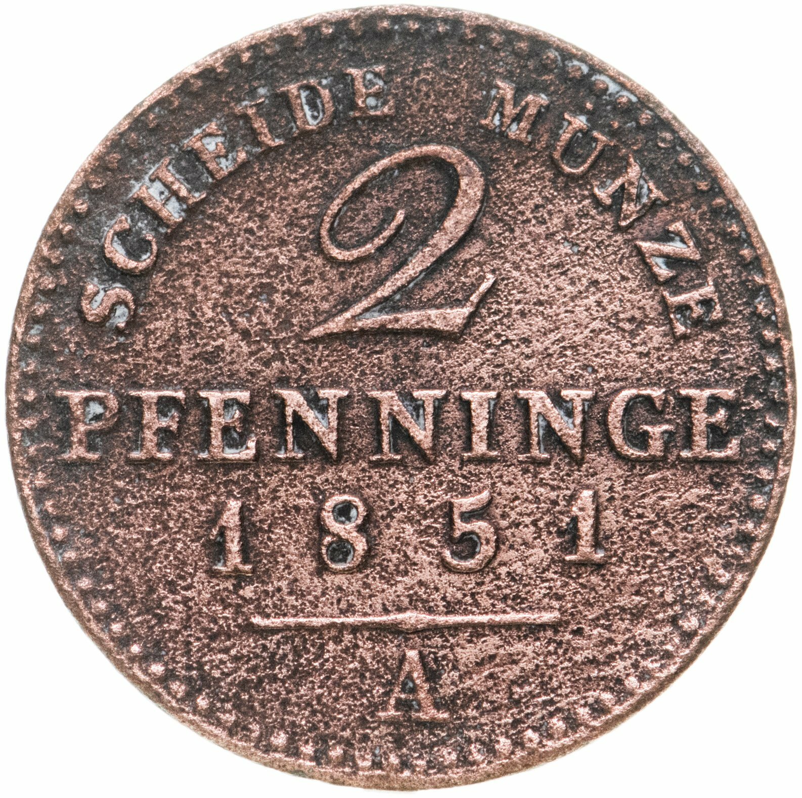 Германия, Пруссия 2 пфеннига 1851, Медь, в сохранности F