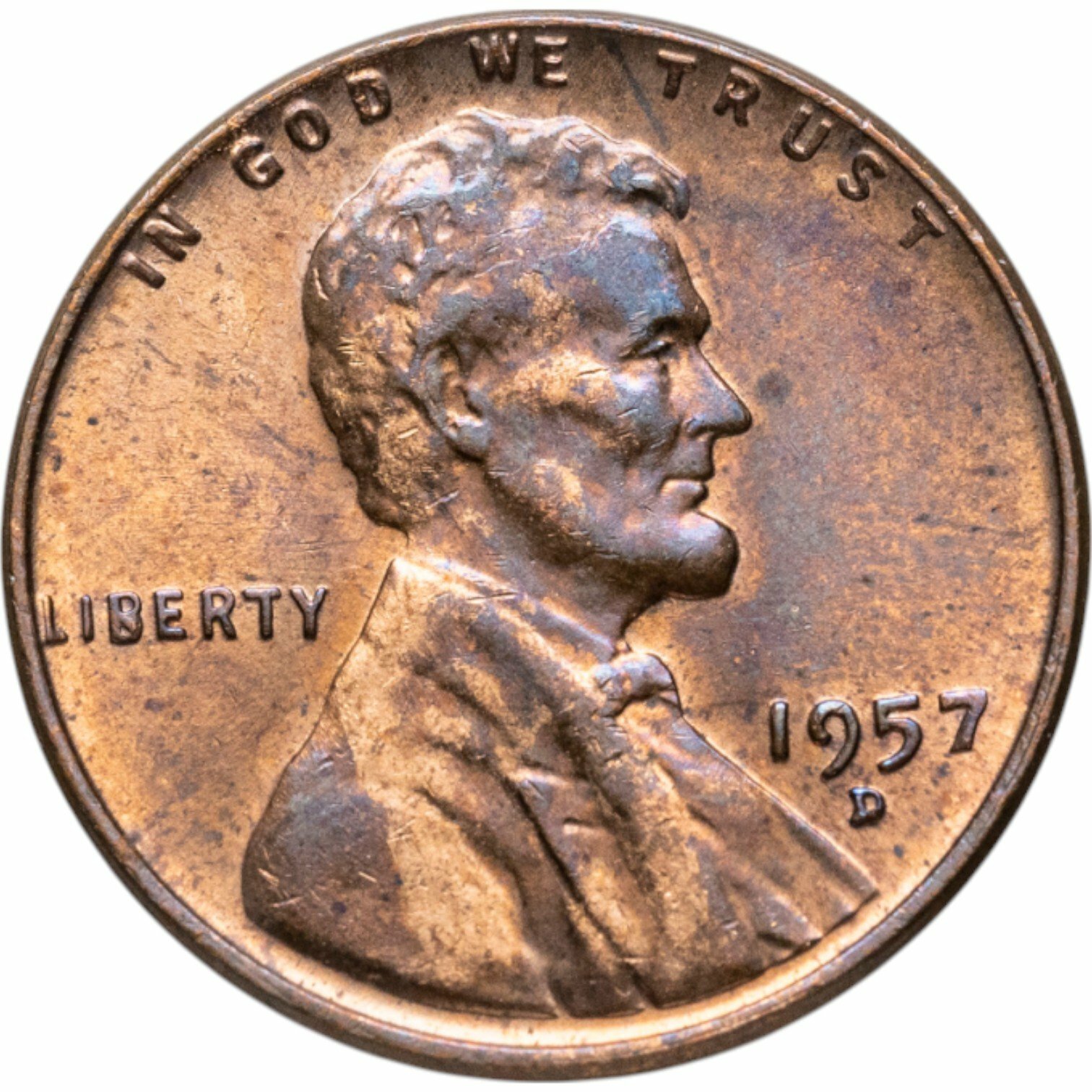 США 1 цент 1957 D, Бронза, в сохранности AU-UNC