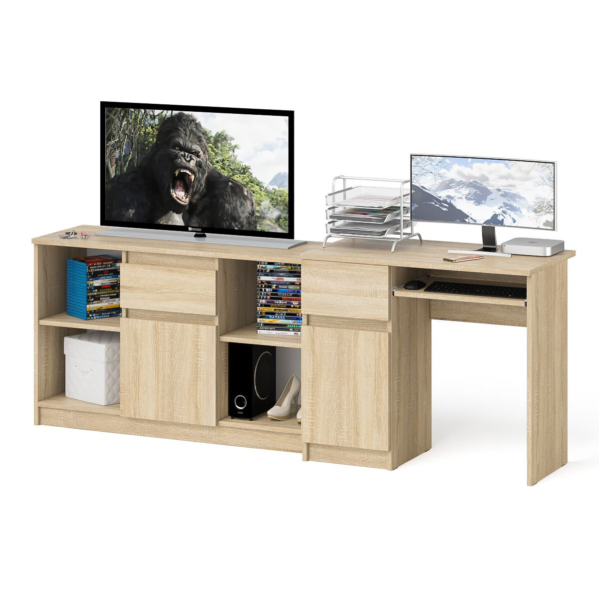 Стол компьютерный СВК Мори МС-1 левый с тумбой 1204 цвет дуб сонома, 210,4х50х76,6 см.