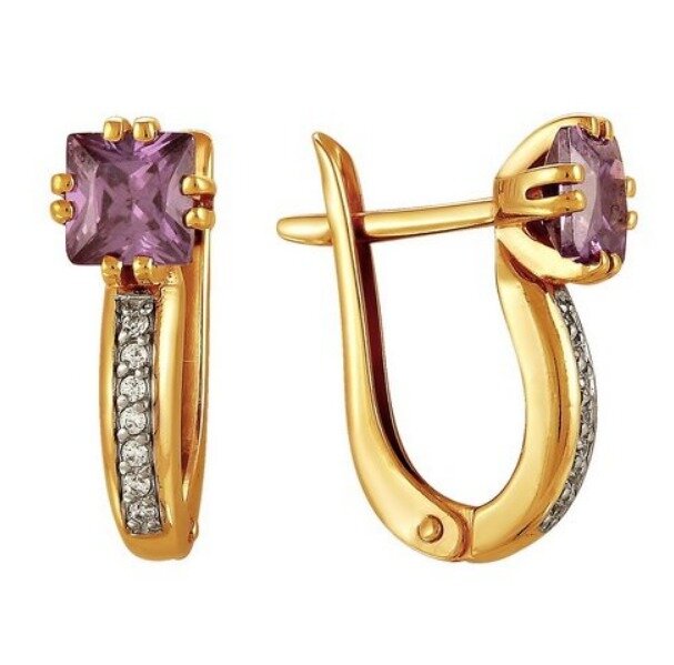 Серьги, золото, 585 проба, фианит, аметист
