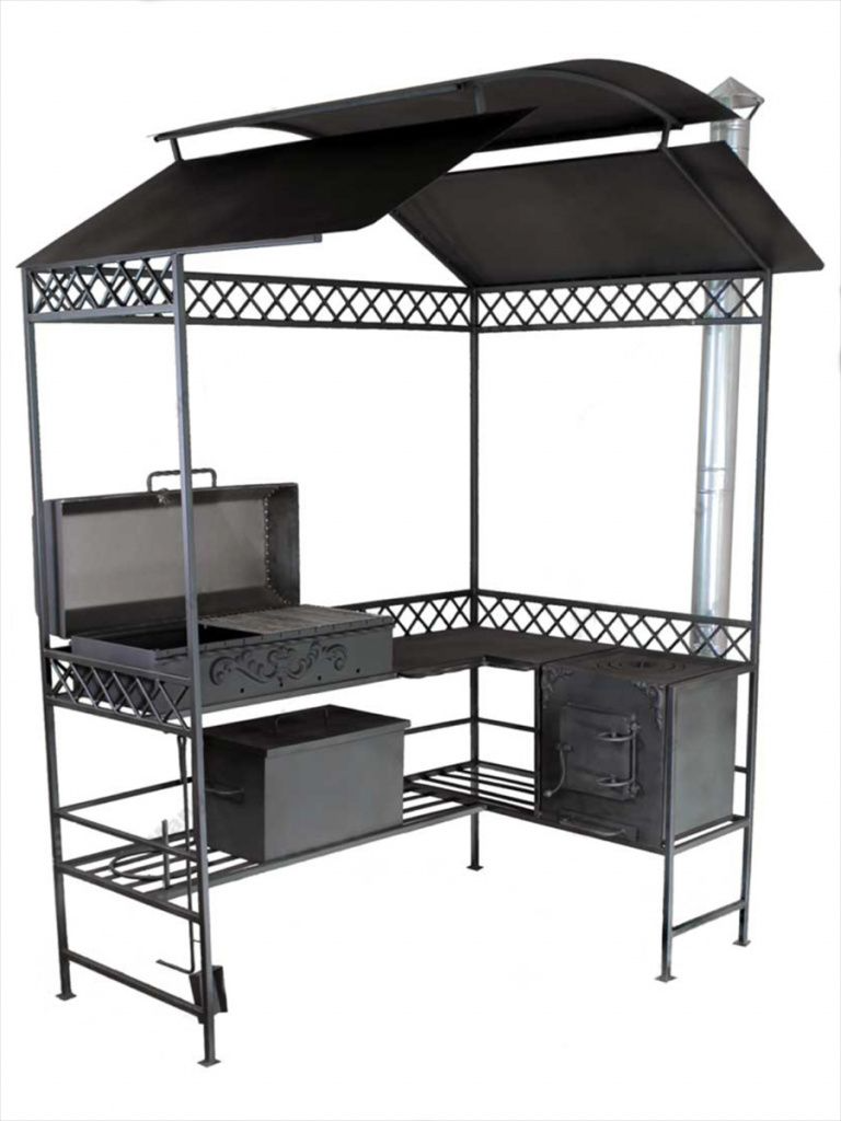 Мангал-беседка "Ромб", стационарный, с крышкой барбекю, 170х135х235см, черный