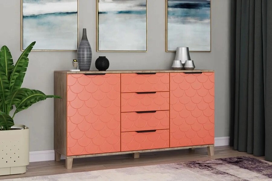 Комод МебельЛэнд24 Йорк - 4 Коралл 140x40x80 розовый двухдверный с 4 ящиками