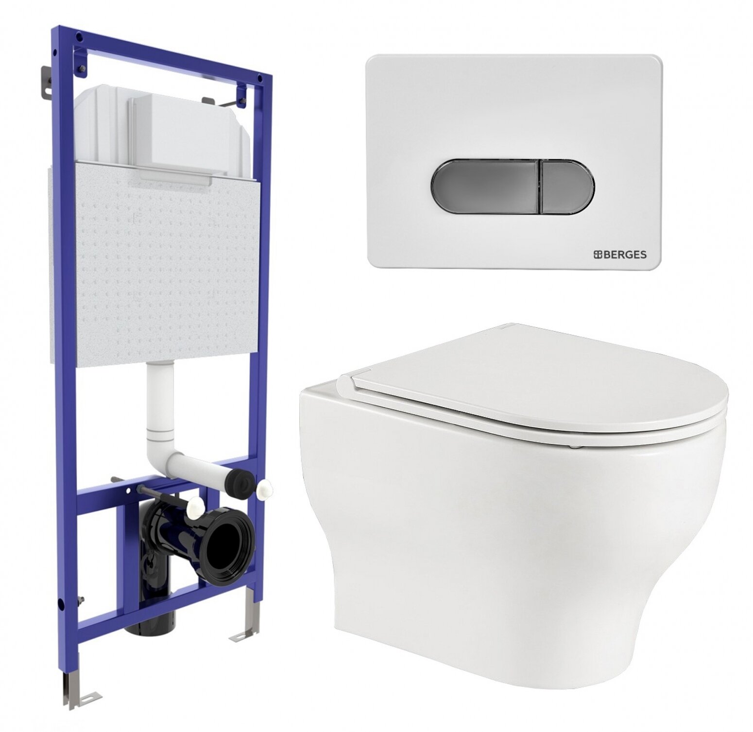 Комплект 3 в 1 инсталляция Berges Wasserhaus Novum D7 + Подвесной унитаз WeltWasser Erlenbach 004 GL-WT + кнопка хром