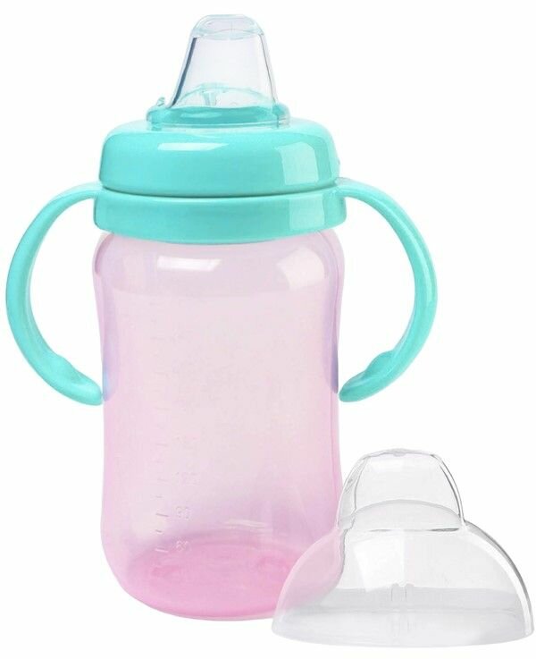 Детский поильник - непроливайка с мягким силиконовым носиком и удобными ручками для малышей, бутылочка с широким горлышком и защитным колпачком, 270 мл, розовый/бирюзовый
