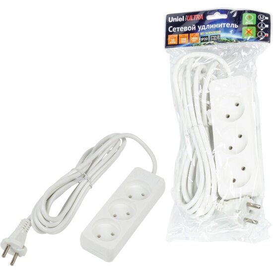 Удлинитель Uniel S-CU3-3 WHITE серии Ultra, шнур 3м, 3 гнезда, 10A, б/з