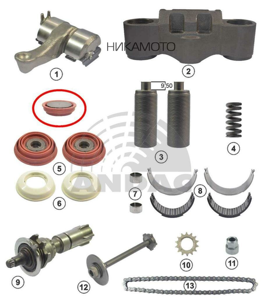 ANDAC 081010277 Ремкомплект суппорта Рычаг-1. Мост-1. Калиб. болт -2. Пружина-1. Толкатель и пыльник (69мм)-2. Пыльник-2. Втулка-2. Рол. Подшип.-2. Мех. Регул.-1. Шес. Механ.-1. Калиб. я гайка-1. Мех. Регул.-1. Цепь-1 (KNORR SL7/SM7)