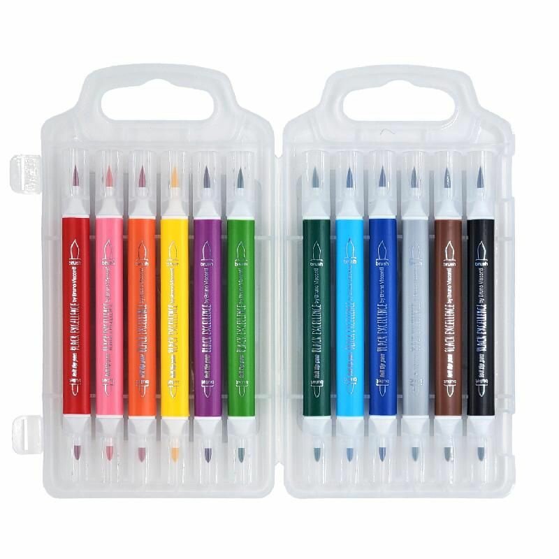 Фломастеры 12цветов Bruno Visconti "BLACK EXCELLENCE", 3вида, в пластиковом пенале, двусторонние