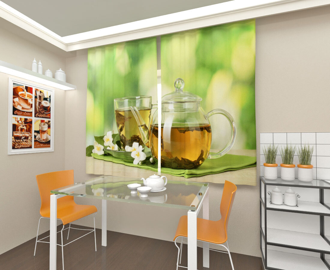 Фотошторы кухонные Арт Паула Зелёный чай Габардин В: 170 см Ш: 2*145 = 290 см