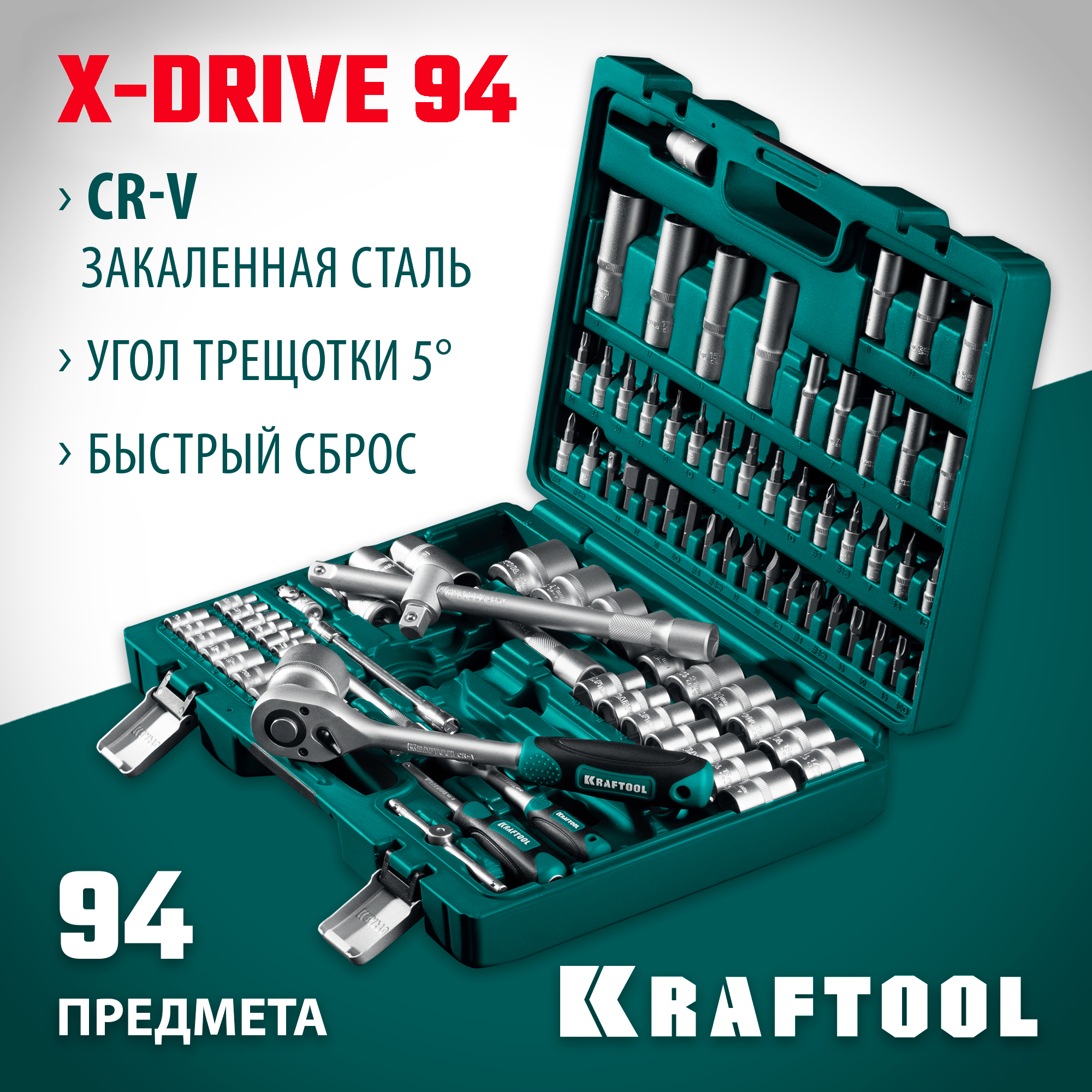 KRAFTOOL X-Drive 94, 94 предм, (1/2"+1/4"), универсальный набор инструмента (27883-H95)