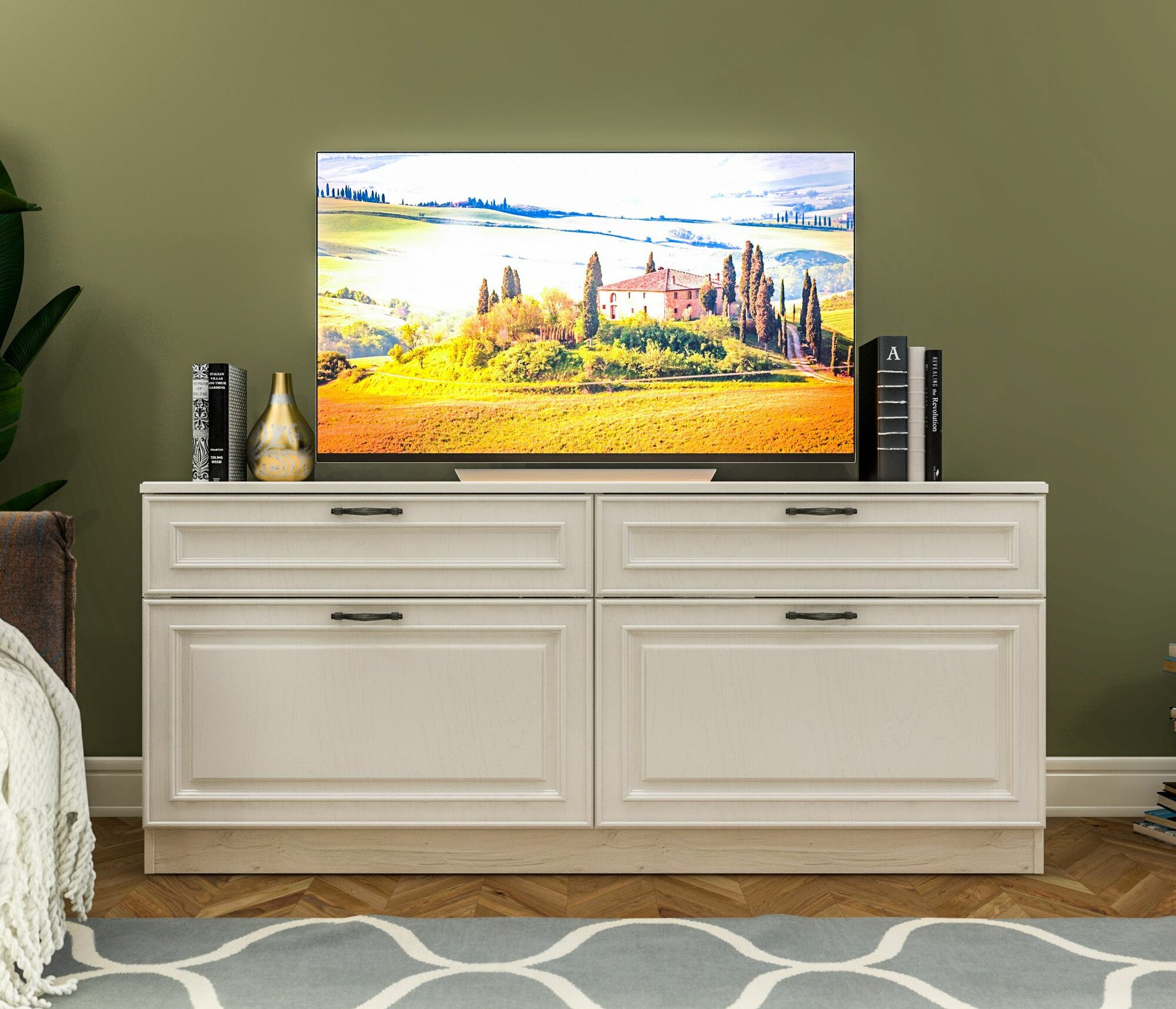 Тумба под телевизор столплит Гранд СБ-3519 с двумя полками и двумя выдвижными ящиками, ЛДСП, Дуб Приморский Белый/МДФ Классика Светлый, 156х41х68 см