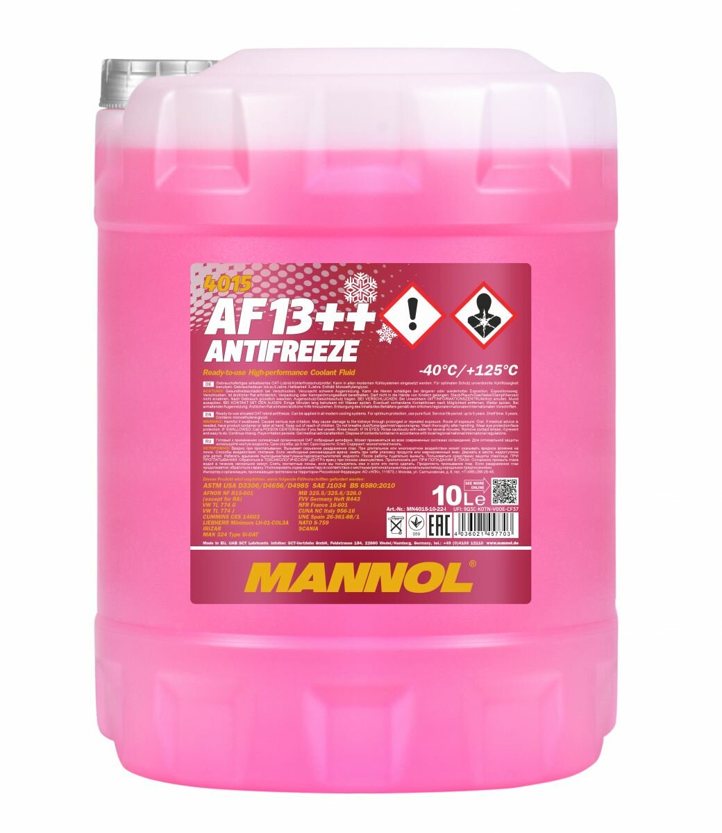 Антифриз MANNOL Antifreeze AF13++ (-40 C) 4015 - 10 л, лобридный, готовый раствор
