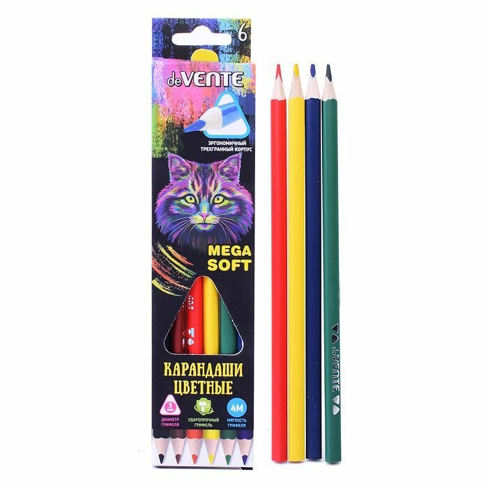 Цветные карандаши deVENTE "Trio Mega Soft", 6 цветов, 4М, диаметр грифеля 3 мм, трехгранные (5021915)