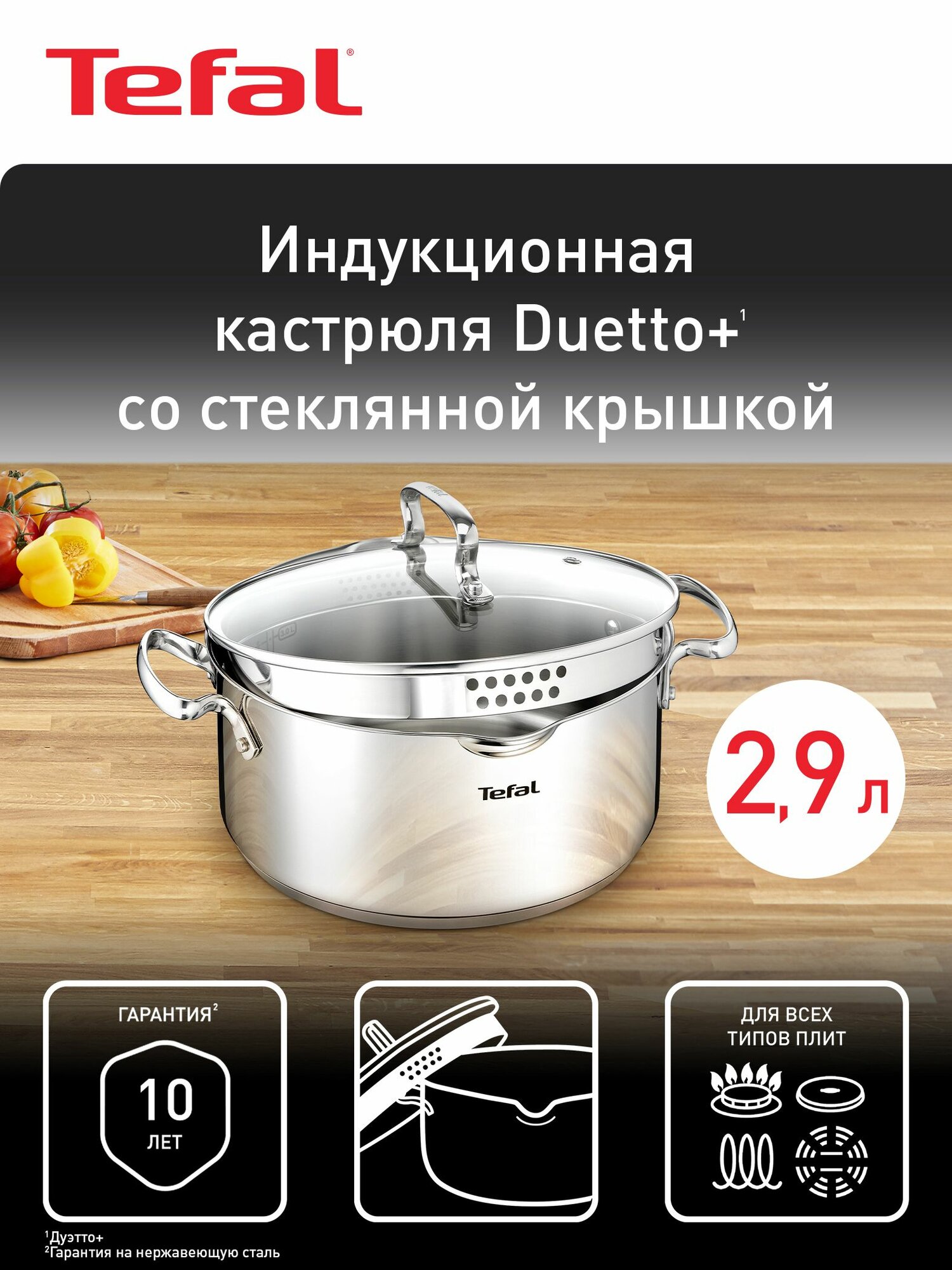 Кастрюля 2.9 л 20 см Tefal Duetto+ G7194455 с крышкой, из нержавеющей стали, с мерной шкалой, со сливными носиками, для всех типов плит, включая индукционные, гарантия на нержавеющую сталь 10 лет