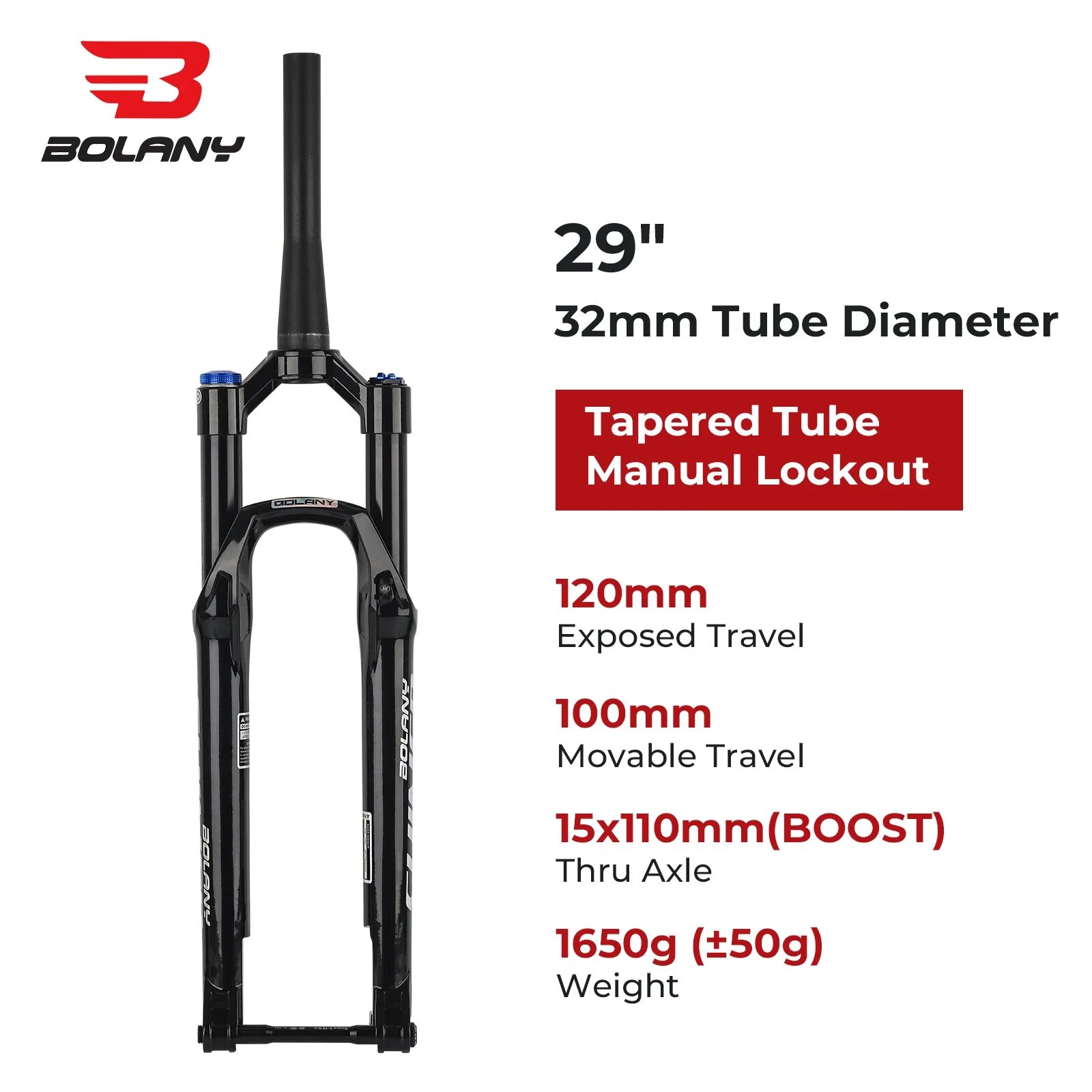 Bolany 29" MTB Вилка, 120mm, 15x110mm, Черный