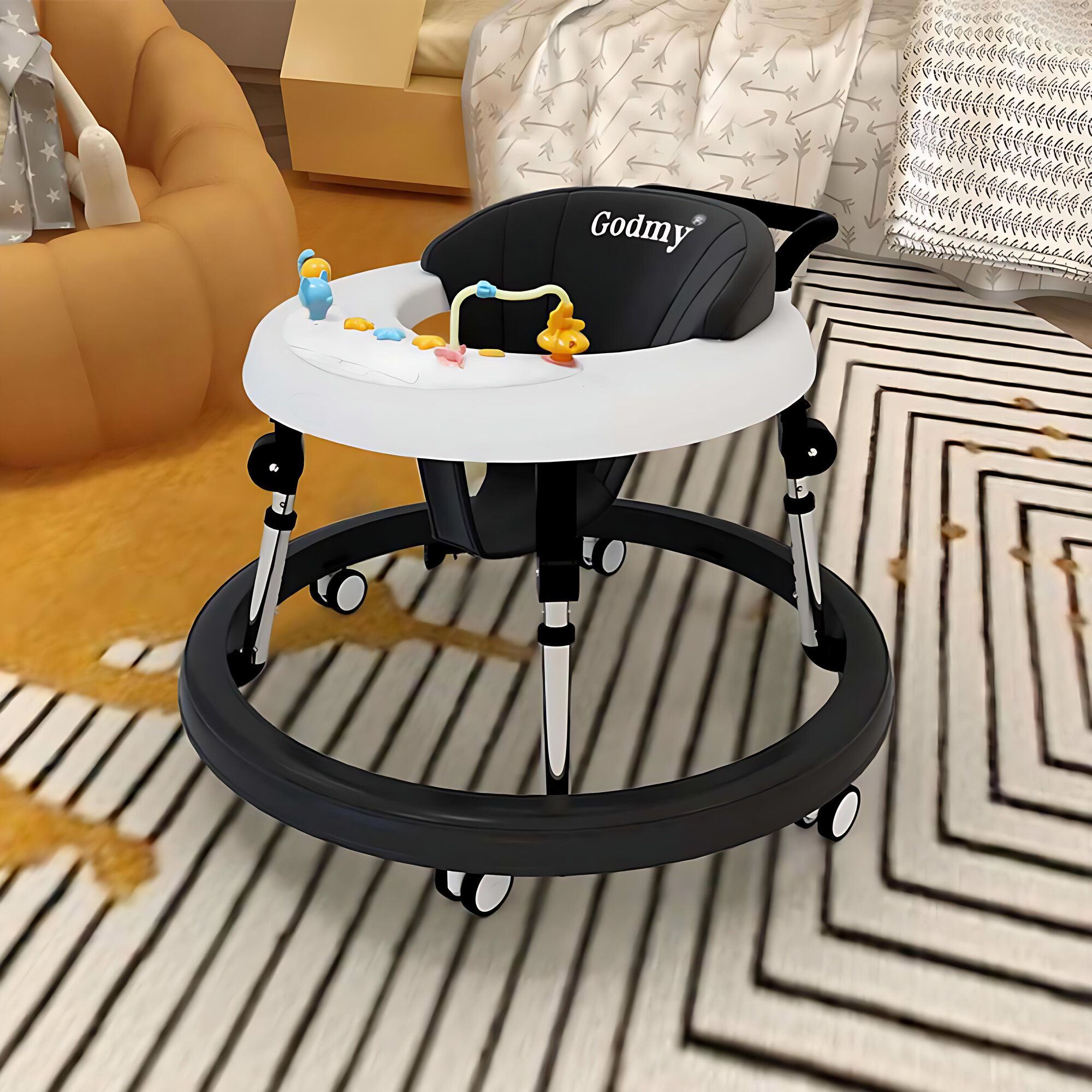 Ходунки детские для мальчиков и девочек складные, детская каталка с музыкальной шкатулкой, черные