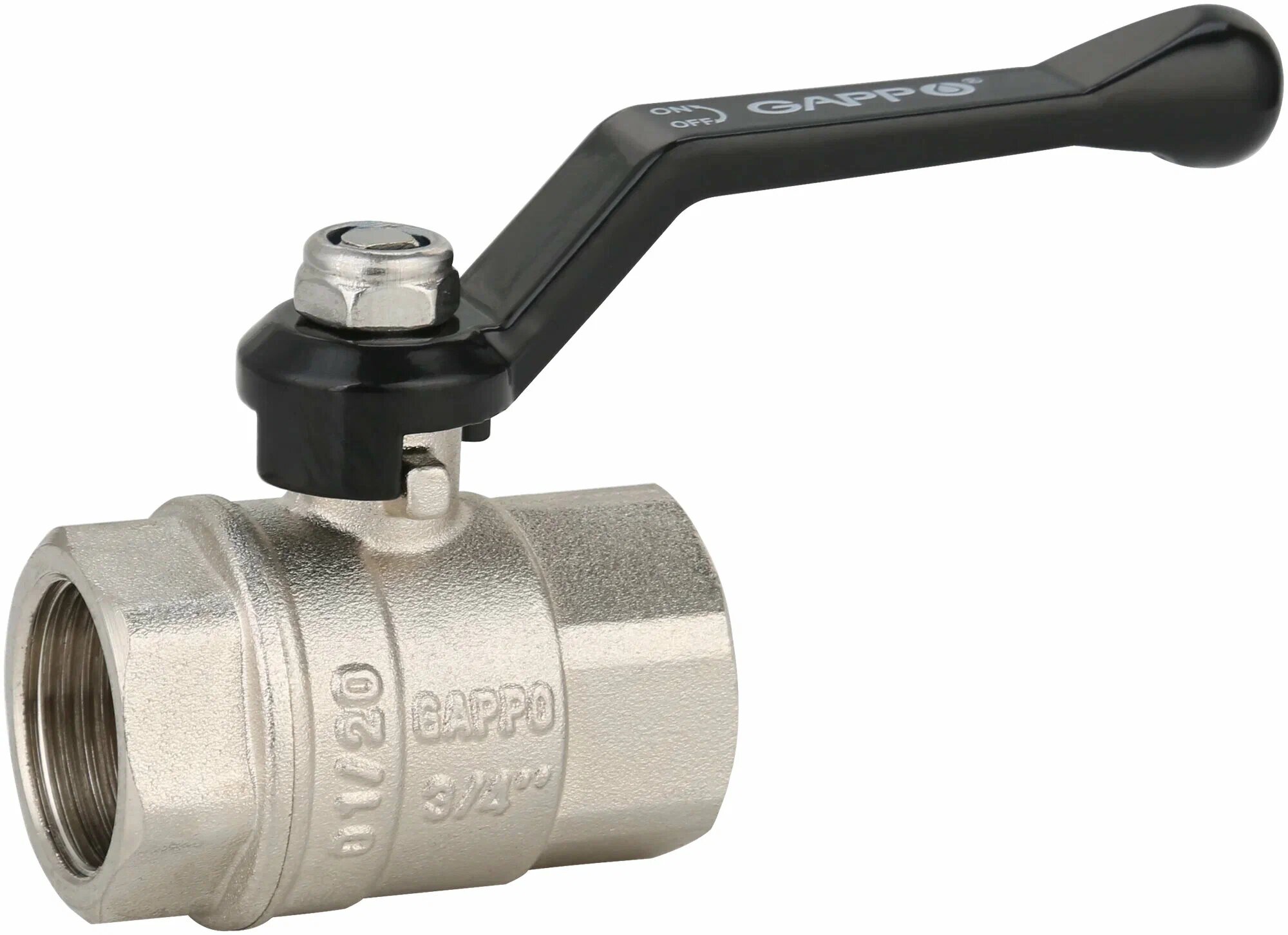Кран шаровый, Gappo G226.05, 3/4", гайка-гайка, ручка- рычаг, латунь , хром