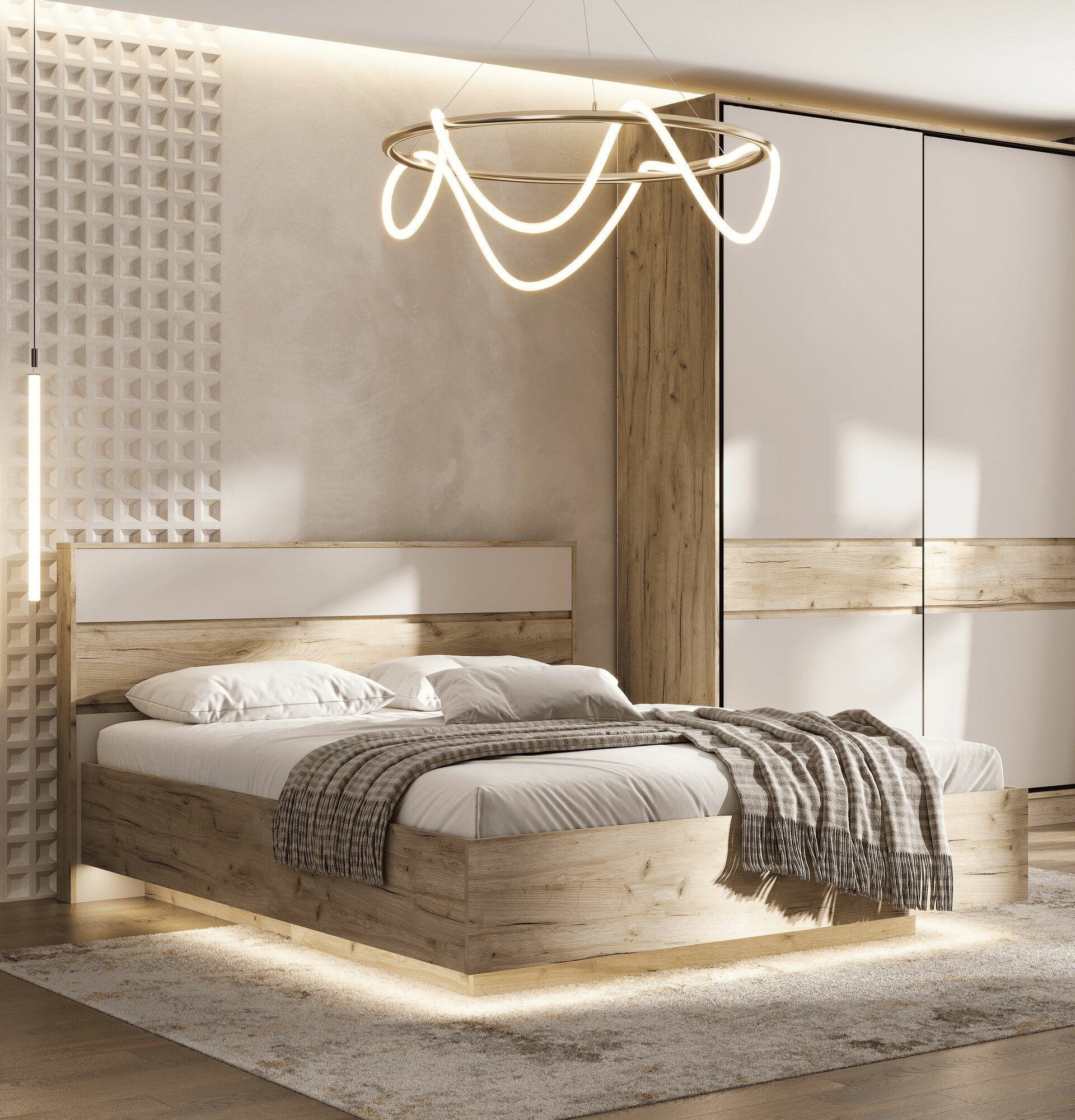 Роджина Кровать парящая 160х200 (ортопед металл) с подсветкой /Кашемир/Дуб Крафт серый, Дуб Крафт серый)