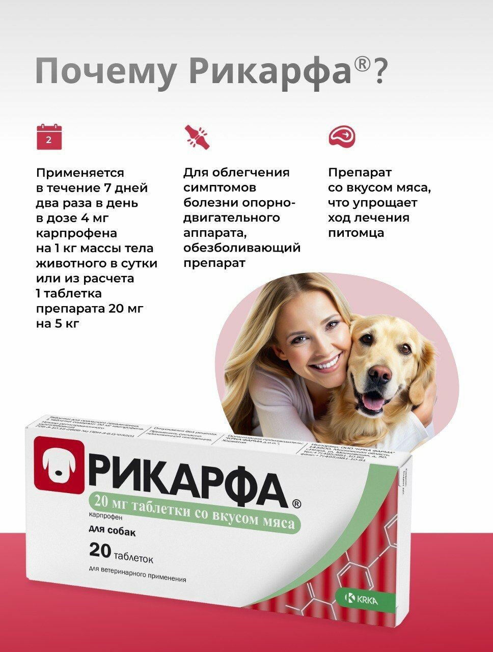 Рикарфа таблетки со вкусом мяса, противовоспалительное и болеутоляющее 20 мг №20 — фото 1