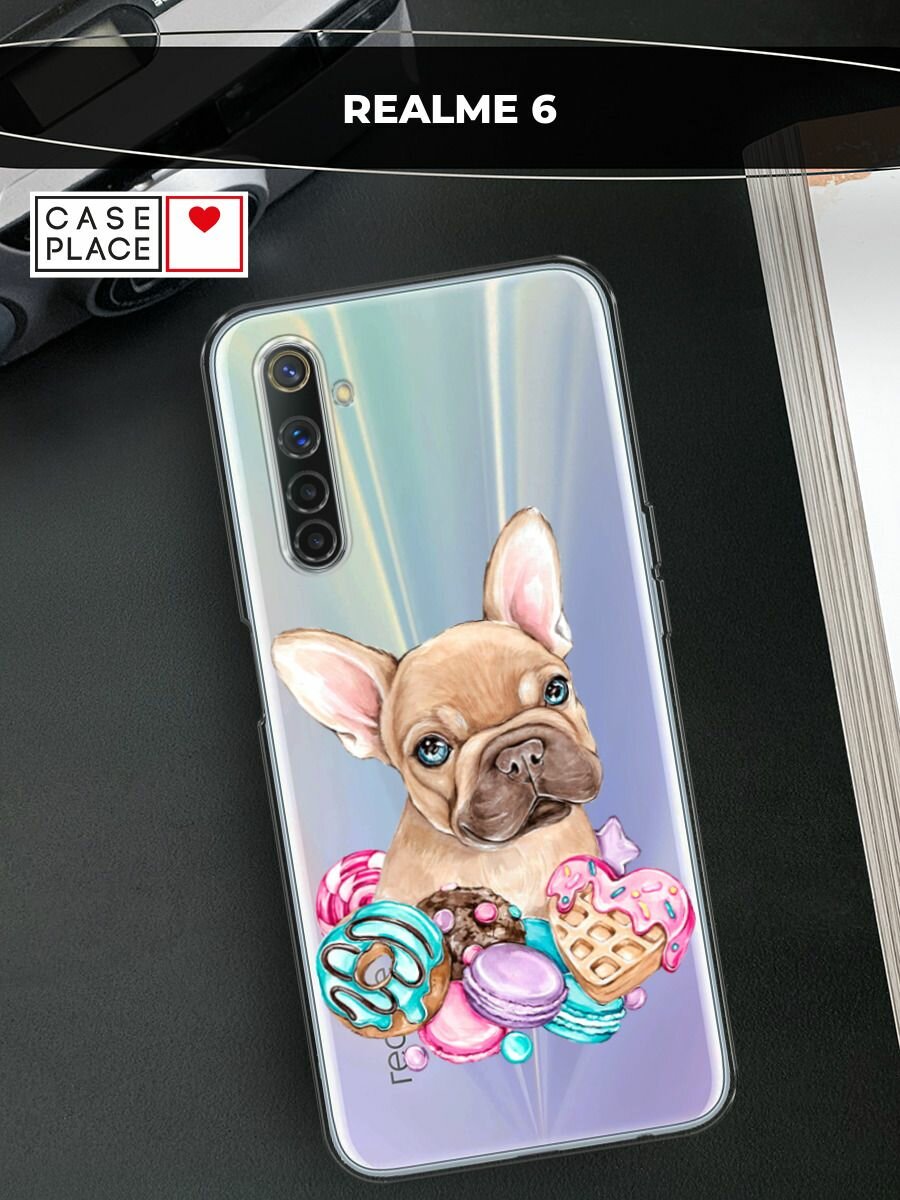 Чехол на Realme 6 / Реалми 6 с принтом "Бульдог и сладости", прозрачный