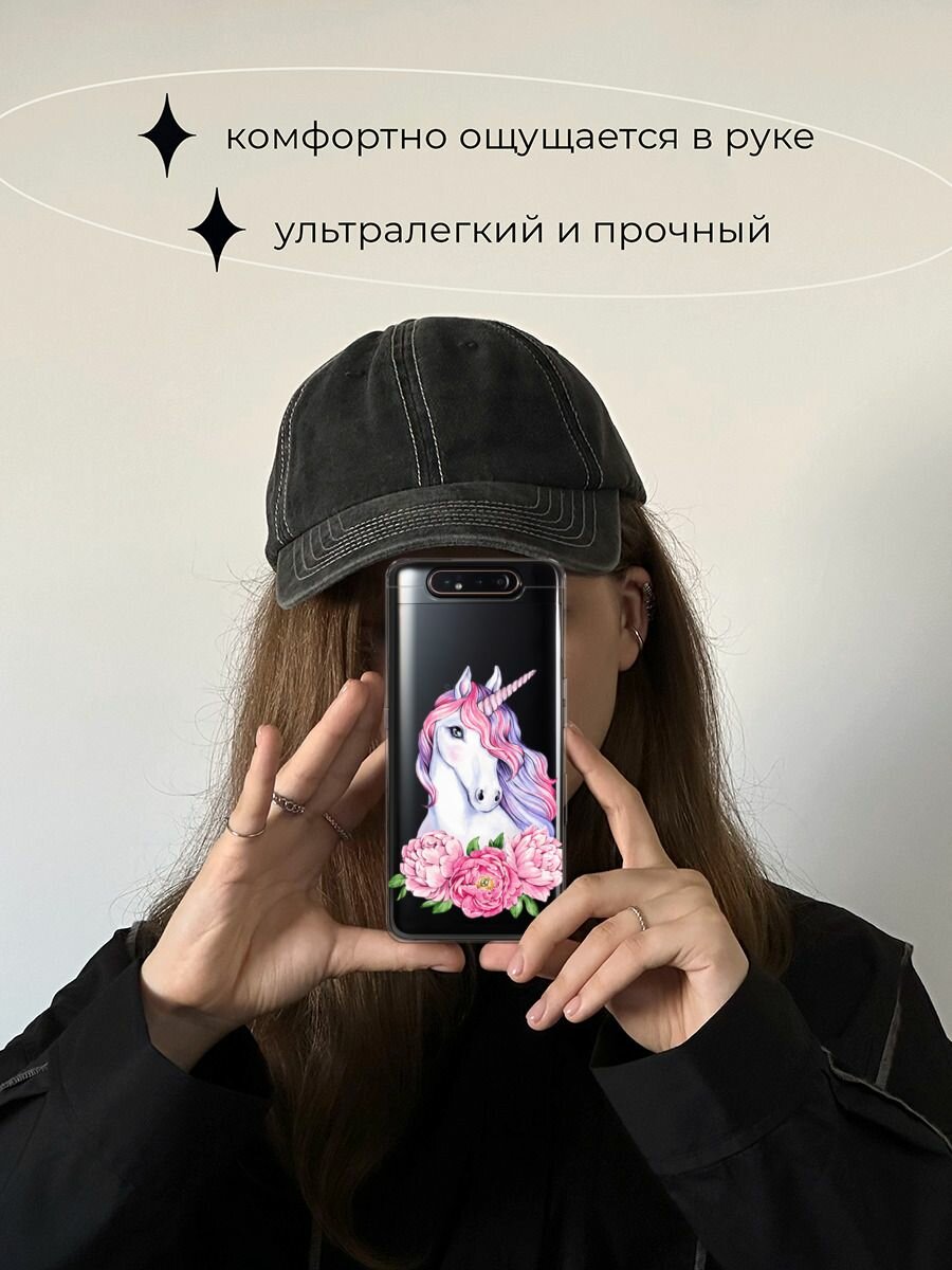 Чехол на Samsung Galaxy A80 / Самсунг Гэлакси A80 с принтом "Единорог с пионами", прозрачный — фото 1