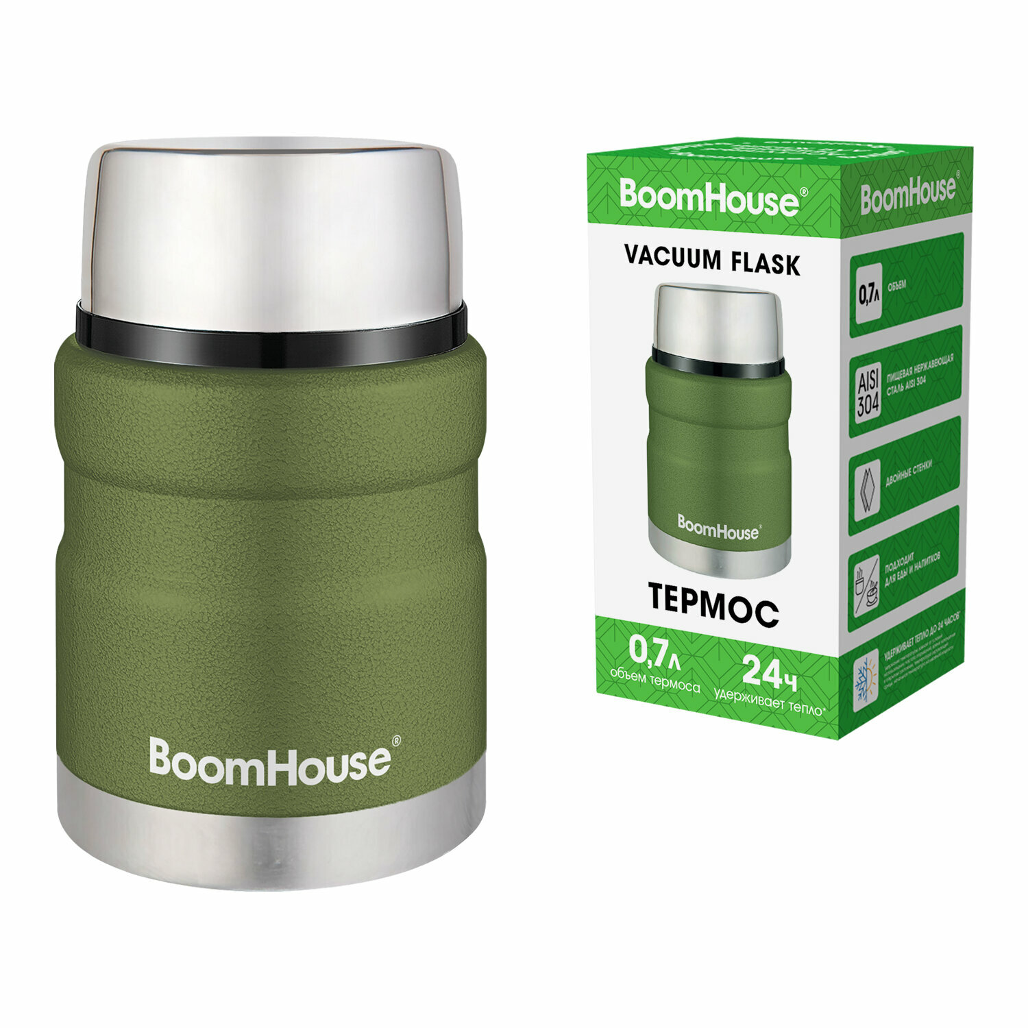 Термос BoomHouse 0,7 л для еды, напитков с широким горлом, Ribbed, нержавеющая сталь Sus304, оливковый