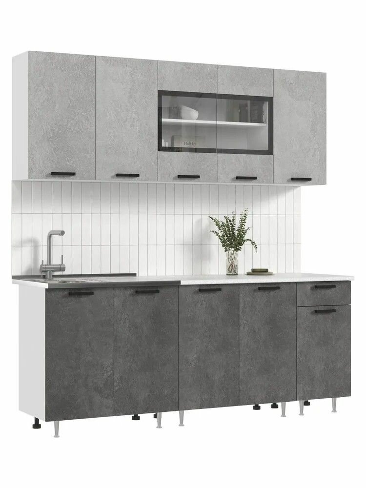 Кухонный гарнитур 2м Рио NEW бетон светлый/бетон темный, белый со столешницей, МИФ
