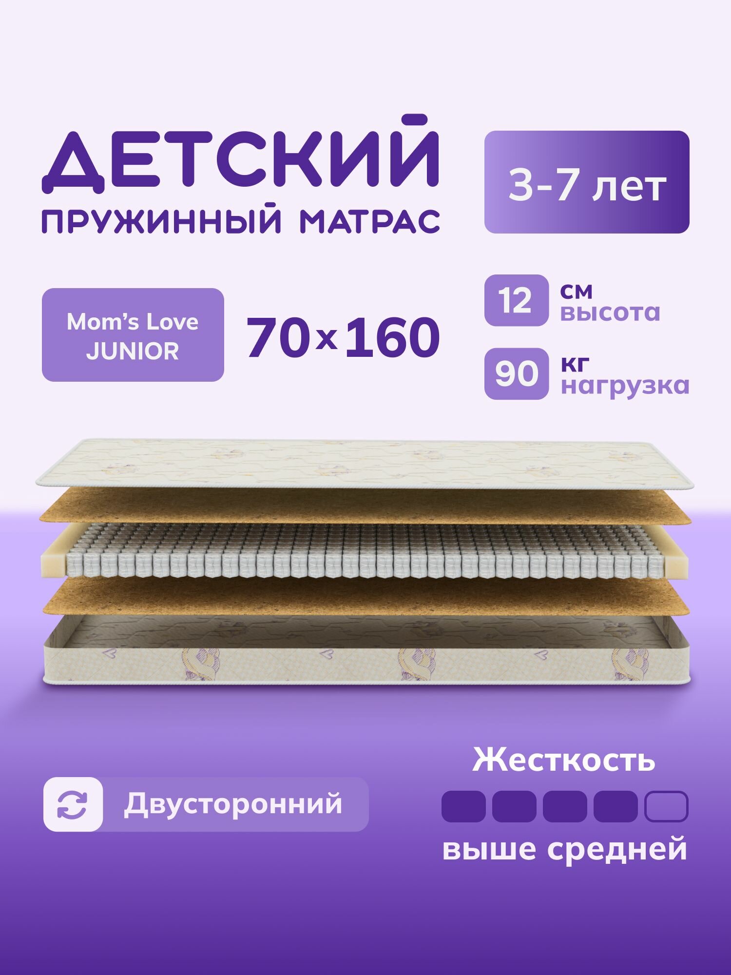 Матрас ортопедический пружинный детский 70х160 см Mom's Love Junior независимые пружины, гипоаллергенный, высота 12 см,