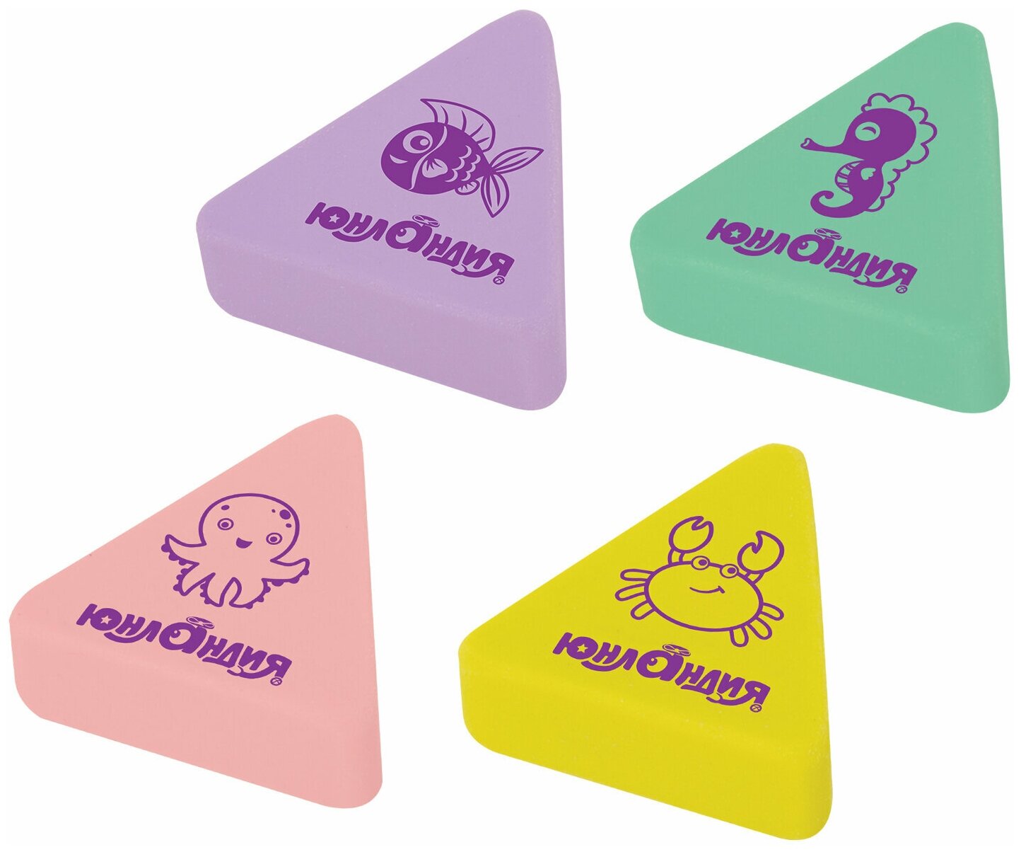 Ластик юнландия "Морские обитатели", 27х27х9мм, цвет ассорти, треугольный, 228714