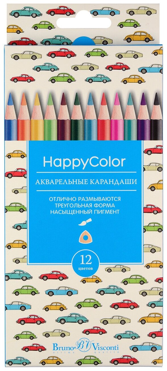 Карандаши BrunoVisconti, акварельные, 12 цветов , HappyColor, Арт. 30-0066, упаковка в ассортименте