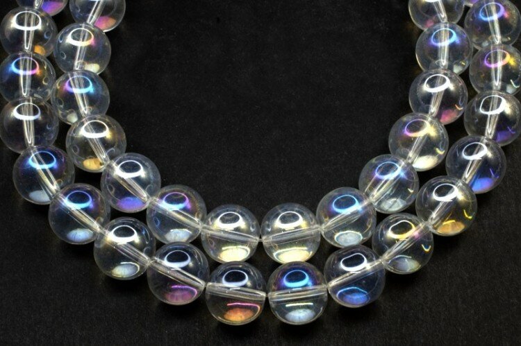 Бусина круглая стеклянная 12мм, цвет прозрачный, радужное покрытие, 525-021, 5шт