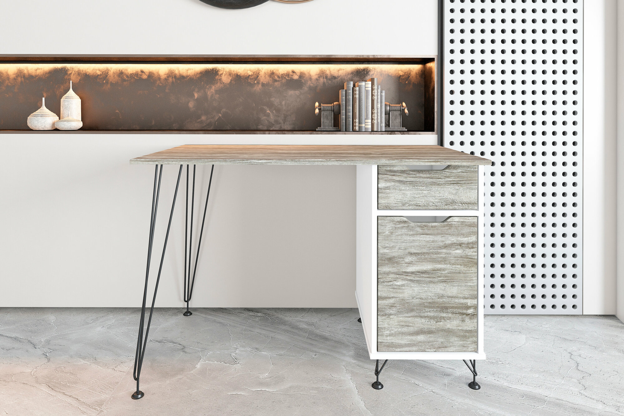 Стол письменный,110x73x60 см, с тумбой и ящиком белый - дуб винтаж графит