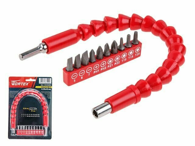 Набор бит 25 мм с гибким валом WORTEX FBS 11 предметов (0323090)